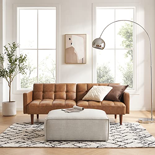 mopio Aaron Couch, Futon Sofa Bed, Sleeper Sofa, Loveseat, Couches for Living Room, Bedroom, Mid Century Modern, Arms Split Back Design 77.5" (Faux Leather, Pecan Brown)