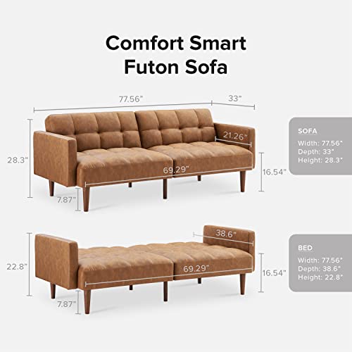 mopio Aaron Couch, Futon Sofa Bed, Sleeper Sofa, Loveseat, Couches for Living Room, Bedroom, Mid Century Modern, Arms Split Back Design 77.5" (Faux Leather, Pecan Brown)