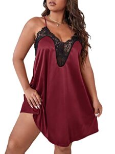 makemechic women's plus size satin slip nightgown lace trim silk cami night dress sleepwear burgundy 5xl