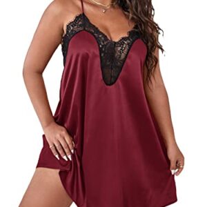 MakeMeChic Women's Plus Size Satin Slip Nightgown Lace Trim Silk Cami Night Dress Sleepwear Burgundy 5XL