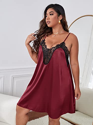 MakeMeChic Women's Plus Size Satin Slip Nightgown Lace Trim Silk Cami Night Dress Sleepwear Burgundy 5XL