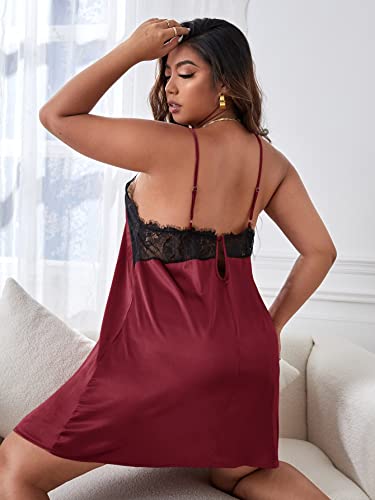 MakeMeChic Women's Plus Size Satin Slip Nightgown Lace Trim Silk Cami Night Dress Sleepwear Burgundy 5XL