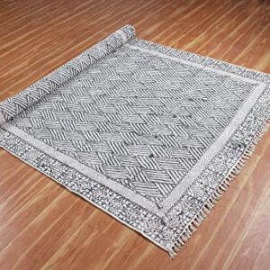 Casavani Handmade Area Rugs Hand Block Printed Cotton Dhurrie Gray, Black Boho Kilim Flat Weave Rug Indoor Bedroom Decor Rugs for Laundry Kitchen Bathroom 4x20 Feet Runner (120x600 cm)