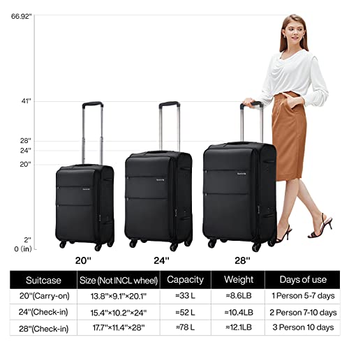 Hanke 2-Piece Set Softside Expandable Luggage sets with Spinner Wheels, Upright Suitcase with TSA Lock, Extra Large Rolling Luggage for Family Travel,nestable storage 20/28(Black)