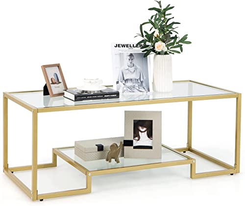 NAFORT Tempered Glass Coffee Table, 45 Inch Gold Rectangular Modern Center Table with Lower Storage Shelf, Sturdy Metal Frame, for Living Room Home Office/Gold