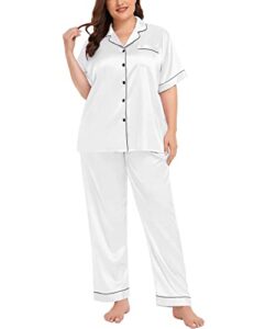 swomog plus size silk pjs for women satin pajamas bridal pajama set v-neck classic pj set for pajama party 2 piece loungewear 24w white