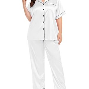 SWOMOG Plus Size Silk Pjs for Women Satin Pajamas Bridal Pajama Set V-Neck Classic Pj Set for Pajama Party 2 Piece Loungewear 24W White