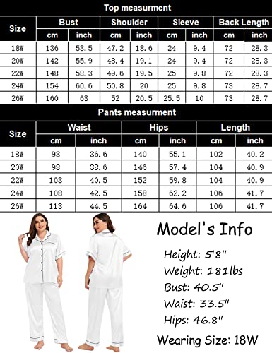 SWOMOG Plus Size Silk Pjs for Women Satin Pajamas Bridal Pajama Set V-Neck Classic Pj Set for Pajama Party 2 Piece Loungewear 24W White