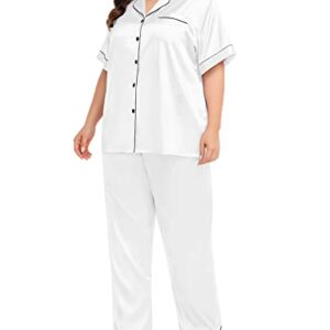 SWOMOG Plus Size Silk Pjs for Women Satin Pajamas Bridal Pajama Set V-Neck Classic Pj Set for Pajama Party 2 Piece Loungewear 24W White