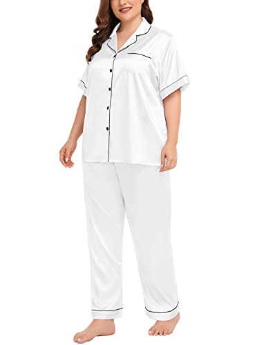 SWOMOG Plus Size Silk Pjs for Women Satin Pajamas Bridal Pajama Set V-Neck Classic Pj Set for Pajama Party 2 Piece Loungewear 24W White