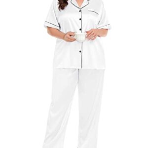 SWOMOG Plus Size Silk Pjs for Women Satin Pajamas Bridal Pajama Set V-Neck Classic Pj Set for Pajama Party 2 Piece Loungewear 24W White