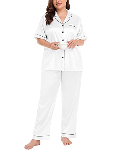 SWOMOG Plus Size Silk Pjs for Women Satin Pajamas Bridal Pajama Set V-Neck Classic Pj Set for Pajama Party 2 Piece Loungewear 24W White