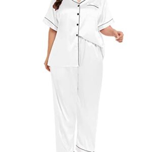 SWOMOG Plus Size Silk Pjs for Women Satin Pajamas Bridal Pajama Set V-Neck Classic Pj Set for Pajama Party 2 Piece Loungewear 24W White