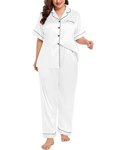 SWOMOG Plus Size Silk Pjs for Women Satin Pajamas Bridal Pajama Set V-Neck Classic Pj Set for Pajama Party 2 Piece Loungewear 24W White