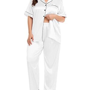 SWOMOG Plus Size Silk Pjs for Women Satin Pajamas Bridal Pajama Set V-Neck Classic Pj Set for Pajama Party 2 Piece Loungewear 24W White