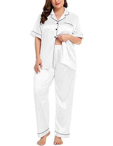 SWOMOG Plus Size Silk Pjs for Women Satin Pajamas Bridal Pajama Set V-Neck Classic Pj Set for Pajama Party 2 Piece Loungewear 24W White