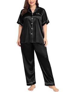 swomog women's plus size pajamas silk satin pajama set short sleeve shirt with full-length pants pj set soft sleepwear 22w black