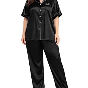 SWOMOG Women's Plus Size Pajamas Silk Satin Pajama Set Short Sleeve Shirt with Full-Length Pants Pj Set Soft Sleepwear 22W Black