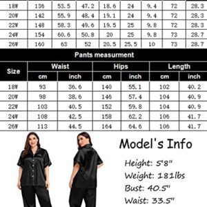 SWOMOG Women's Plus Size Pajamas Silk Satin Pajama Set Short Sleeve Shirt with Full-Length Pants Pj Set Soft Sleepwear 22W Black