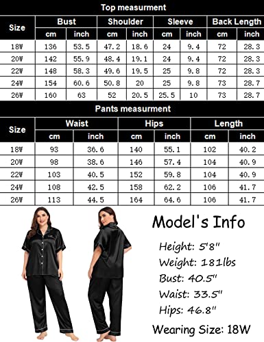 SWOMOG Women's Plus Size Pajamas Silk Satin Pajama Set Short Sleeve Shirt with Full-Length Pants Pj Set Soft Sleepwear 22W Black