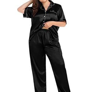 SWOMOG Women's Plus Size Pajamas Silk Satin Pajama Set Short Sleeve Shirt with Full-Length Pants Pj Set Soft Sleepwear 22W Black