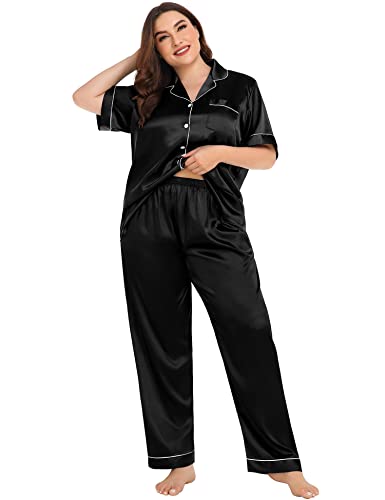 SWOMOG Women's Plus Size Pajamas Silk Satin Pajama Set Short Sleeve Shirt with Full-Length Pants Pj Set Soft Sleepwear 22W Black