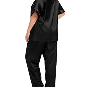 SWOMOG Women's Plus Size Pajamas Silk Satin Pajama Set Short Sleeve Shirt with Full-Length Pants Pj Set Soft Sleepwear 22W Black