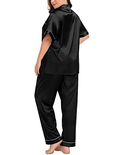 SWOMOG Women's Plus Size Pajamas Silk Satin Pajama Set Short Sleeve Shirt with Full-Length Pants Pj Set Soft Sleepwear 22W Black