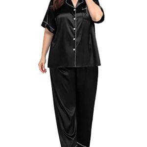 SWOMOG Women's Plus Size Pajamas Silk Satin Pajama Set Short Sleeve Shirt with Full-Length Pants Pj Set Soft Sleepwear 22W Black