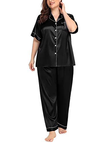 SWOMOG Women's Plus Size Pajamas Silk Satin Pajama Set Short Sleeve Shirt with Full-Length Pants Pj Set Soft Sleepwear 22W Black