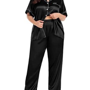 SWOMOG Women's Plus Size Pajamas Silk Satin Pajama Set Short Sleeve Shirt with Full-Length Pants Pj Set Soft Sleepwear 22W Black