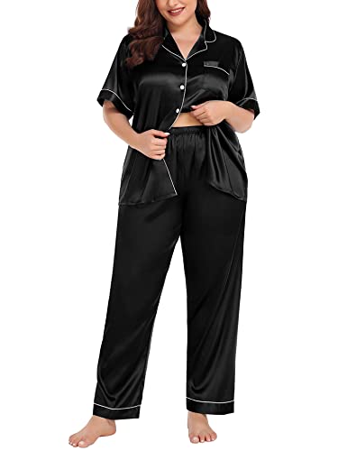 SWOMOG Women's Plus Size Pajamas Silk Satin Pajama Set Short Sleeve Shirt with Full-Length Pants Pj Set Soft Sleepwear 22W Black