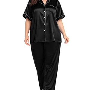 SWOMOG Women's Plus Size Pajamas Silk Satin Pajama Set Short Sleeve Shirt with Full-Length Pants Pj Set Soft Sleepwear 22W Black