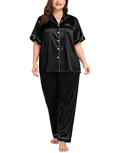 SWOMOG Women's Plus Size Pajamas Silk Satin Pajama Set Short Sleeve Shirt with Full-Length Pants Pj Set Soft Sleepwear 22W Black