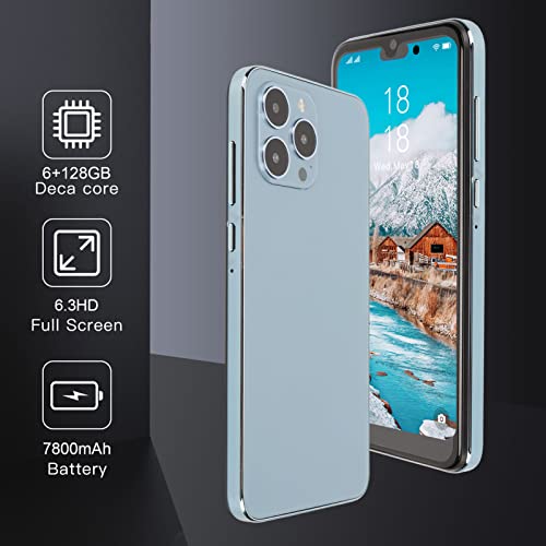 I14proMax Unlocked Cell Phone, 6.3in HD Screen Smartphone, Dual Sim 4G Mobile Phone, 6+128G, 8MP + 16MP, 4000mAh, Face ID, BT, FM, WiFi, for Android12,Blue