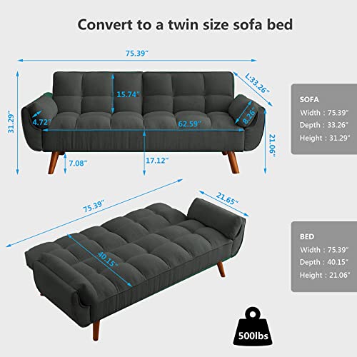 Betoko Convertible Futon Sofa Bed Sleeper Twin Size, Modern Reclining Linen Split Back Sofa Couch with Pillow Top Arm for Compact Living Room,Apartment (Dark Grey)