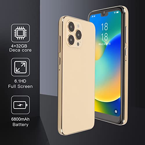 I14proMax Smartphone, for Android11, Unlocked Cell Phone, with 6.1in HD Large Screen, Mobile Phone, 4GB RAM+32GB ROM, MTK6889, 8MP+16MP, 1440x3200, 6800mAh, Gold