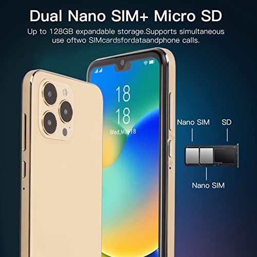 I14proMax Smartphone, for Android11, Unlocked Cell Phone, with 6.1in HD Large Screen, Mobile Phone, 4GB RAM+32GB ROM, MTK6889, 8MP+16MP, 1440x3200, 6800mAh, Gold