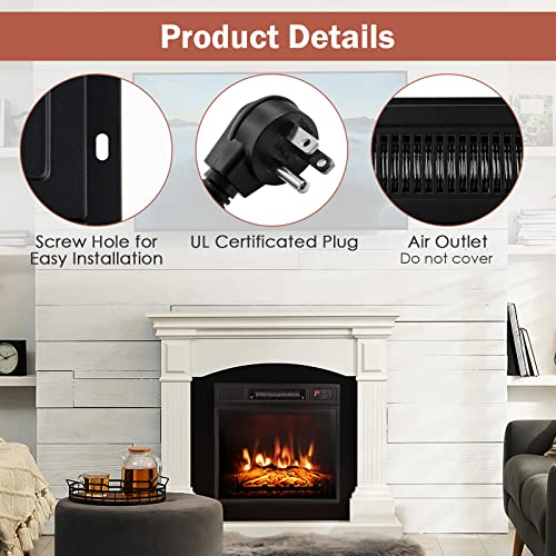 COSTWAY Electric Fireplace Insert 18-inch Wide, 1400W Recessed Fireplace Heater with Remote Control, 3 LED Flame Effects, 6H Timer, Electric Fireplace for Bedroom Home Office Indoor Use, Black