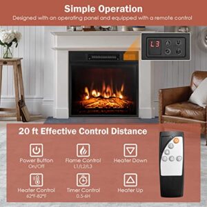 COSTWAY Electric Fireplace Insert 18-inch Wide, 1400W Recessed Fireplace Heater with Remote Control, 3 LED Flame Effects, 6H Timer, Electric Fireplace for Bedroom Home Office Indoor Use, Black