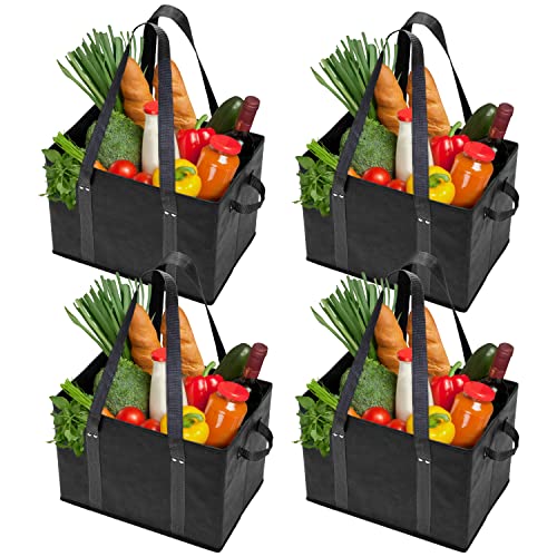 BAG-THAT! 4pk Reusable Grocery Bags Shopping Bags Tote Box Large Heavy Duty Groceries Bag Handles Foldable Reinforced Bottom (Black)