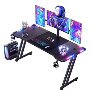 hldirect 63 inch gaming desk with led lights carbon fibre surface gaming table large computer desk ergonomic home office desks z shaped pc gamer workstations with cup holder & headphone hook black