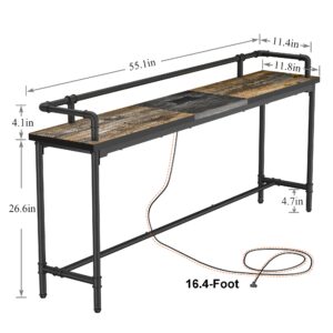 VECELO 55 Inch Console/Sofa Table with Charging Station&Power Outlet, Narrow Industrial Behind Couch, for Entryway, Hallway, Living Room, Foyer, 55inches, Grey Oak