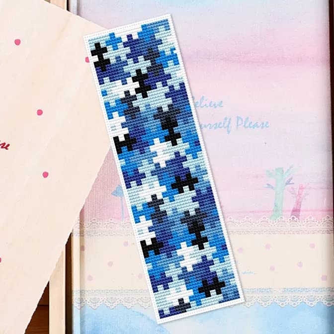 DIY Blank Canvas Blue Jigsaw Pattern Bookmarks Counted Cross Stitch Kits for Adult Kid Beginner Embroidery Crafts Needlework Bookmark for Student Gift 20x6cm