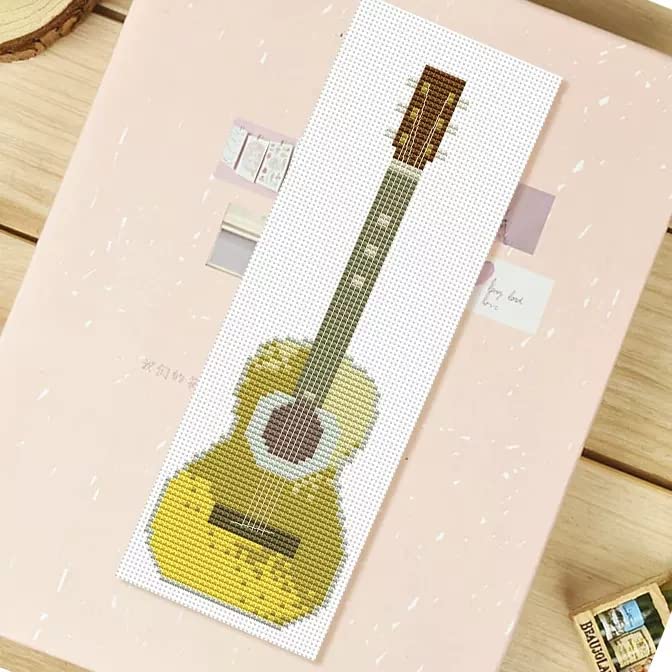 DIY Blank Canvas Music Guitar Bookmarks Counted Cross Stitch Kits for Adult Kid Beginner Embroidery Crafts Needlework Bookmark for Student Gift 20x6cm