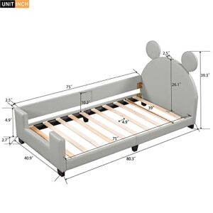 Twin Size Kids Upholstered Bed with Carton Ears Shaped Headboard,Children Twin Platform Bed Frame with PU leather，Cute Wooden Single Bed for Girls Boys, No Box Spring Needed , Grey