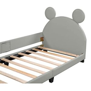 Twin Size Kids Upholstered Bed with Carton Ears Shaped Headboard,Children Twin Platform Bed Frame with PU leather，Cute Wooden Single Bed for Girls Boys, No Box Spring Needed , Grey