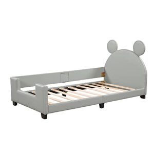 Twin Size Kids Upholstered Bed with Carton Ears Shaped Headboard,Children Twin Platform Bed Frame with PU leather，Cute Wooden Single Bed for Girls Boys, No Box Spring Needed , Grey