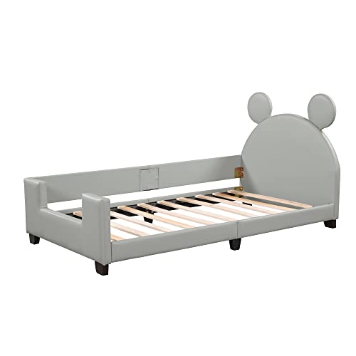 Twin Size Kids Upholstered Bed with Carton Ears Shaped Headboard,Children Twin Platform Bed Frame with PU leather，Cute Wooden Single Bed for Girls Boys, No Box Spring Needed , Grey