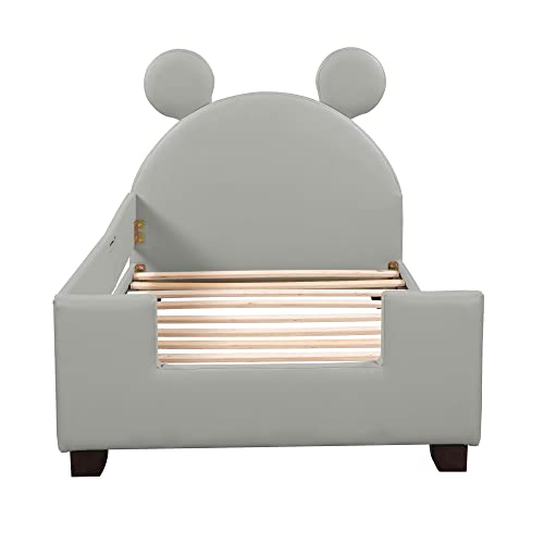 Twin Size Kids Upholstered Bed with Carton Ears Shaped Headboard,Children Twin Platform Bed Frame with PU leather，Cute Wooden Single Bed for Girls Boys, No Box Spring Needed , Grey